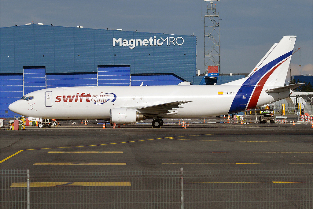 Swiftair B734 at Ljubljana on Feb 28th 2019, aft service door open ...